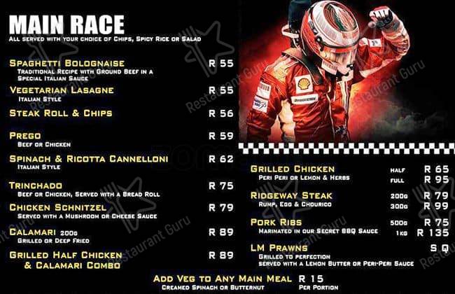 Menu at Ridgeway Racebar, Edenvale