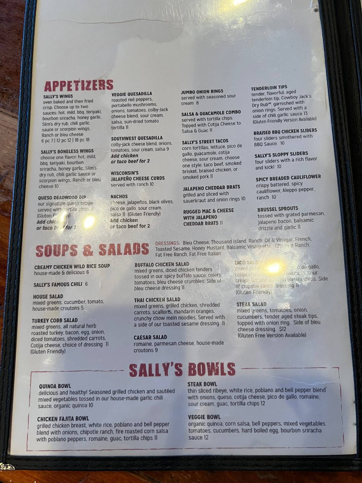 Menu at Sally's Saloon pub & bar, Minneapolis, 700 SE Washington Ave