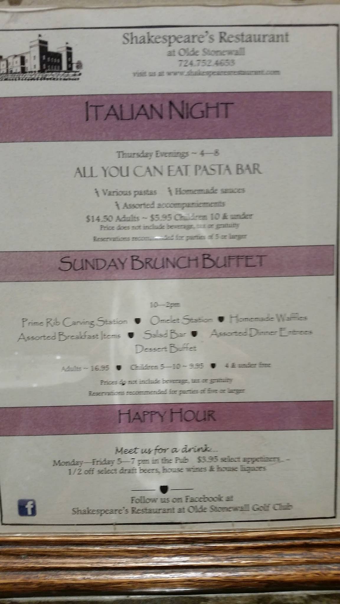 Menu at Shakespeare's Restaurant & Pub, Ellwood City