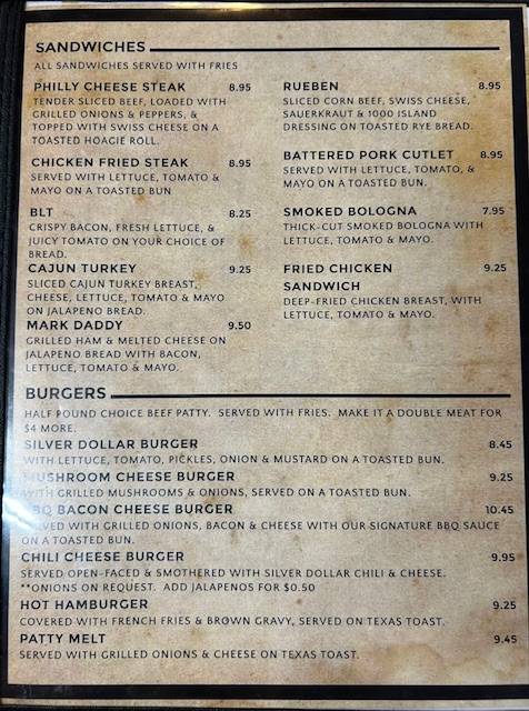 Menu at Silver Dollar Cafe, Collinsville