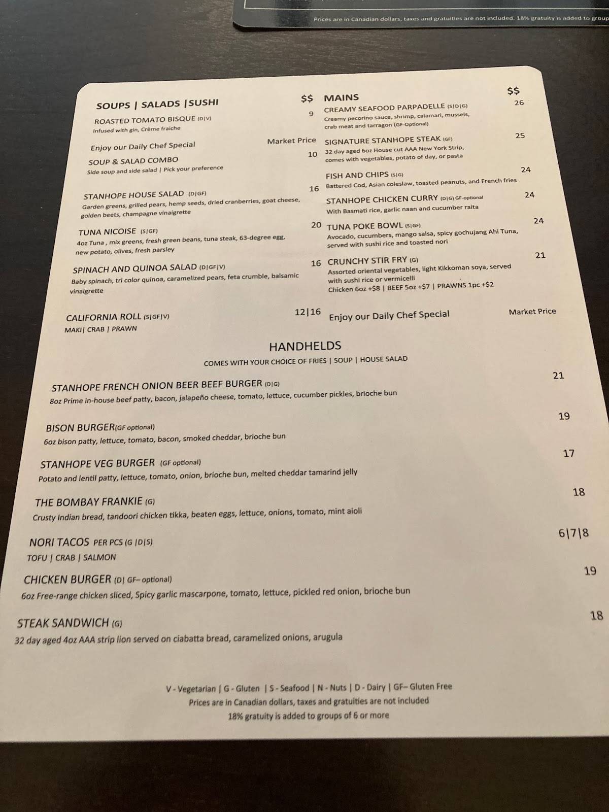 Menu at Stanhope Eatery and Bar, Edmonton