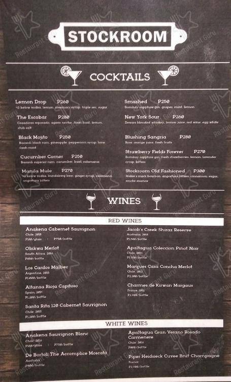 Menu at StockroomQC pub & bar, Quezon City
