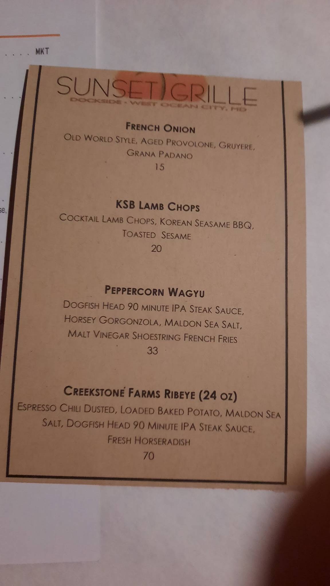 Menu at Sunset Grille pub & bar, Ocean City, Sunset Ave