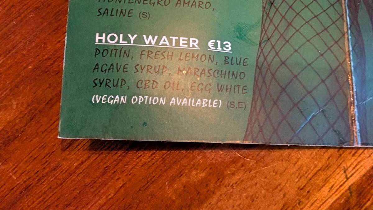 Menu at Swagman Bar, Sligo