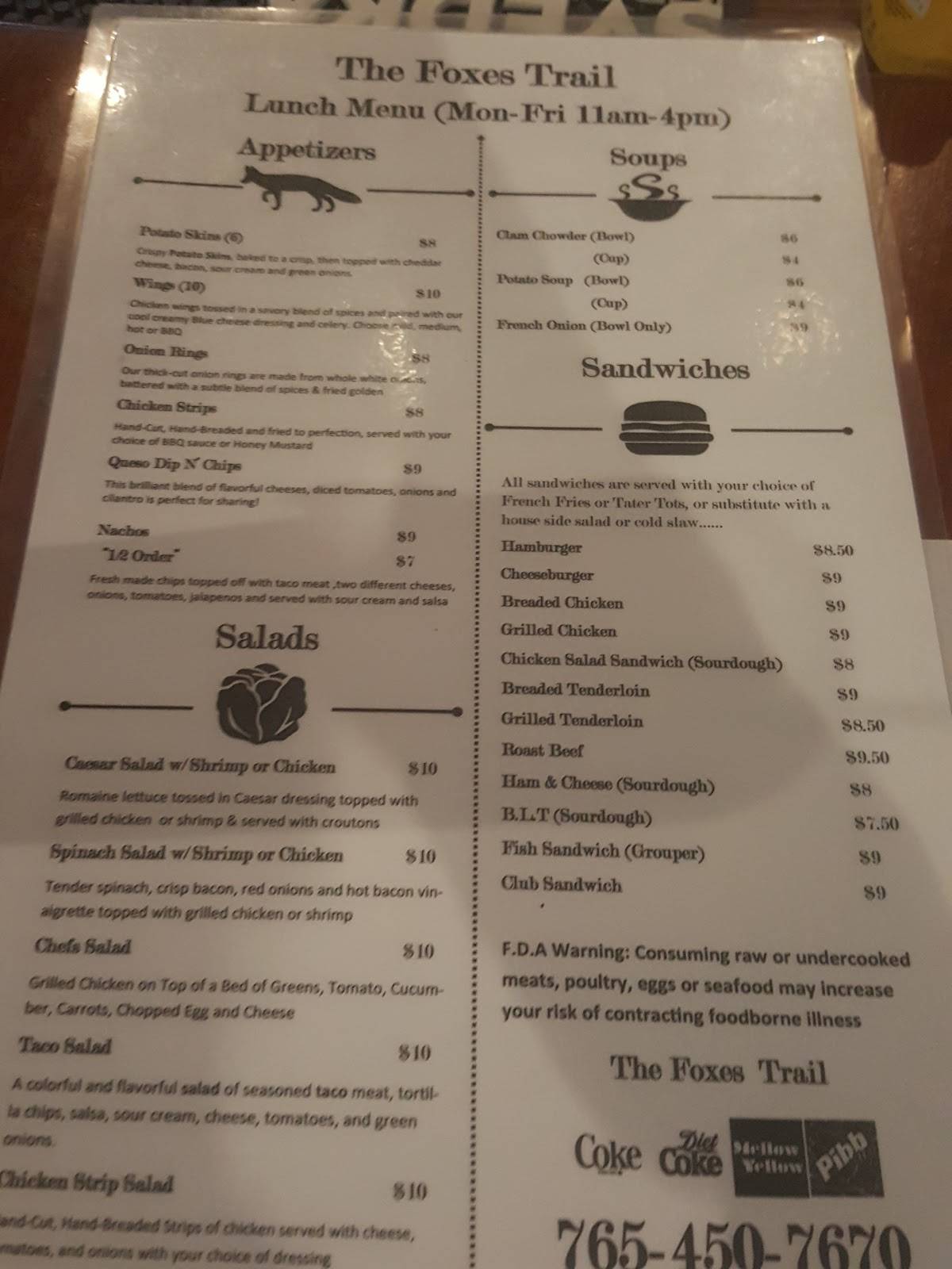 Menu at THE FOXES TRAILS pub & bar, Kokomo