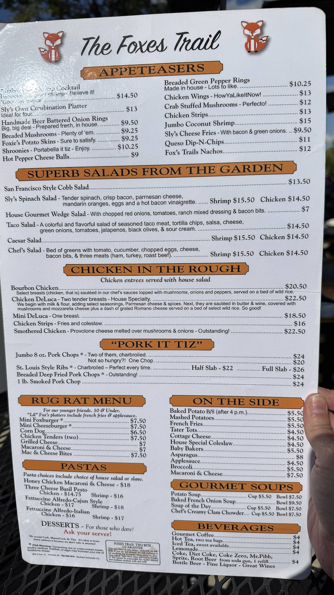 Menu at THE FOXES TRAILS pub & bar, Kokomo