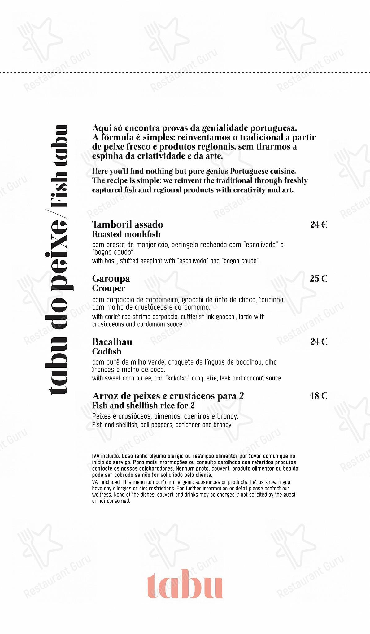 Menu at Tabu Fine Cuisine and Gastro Bar, Porto