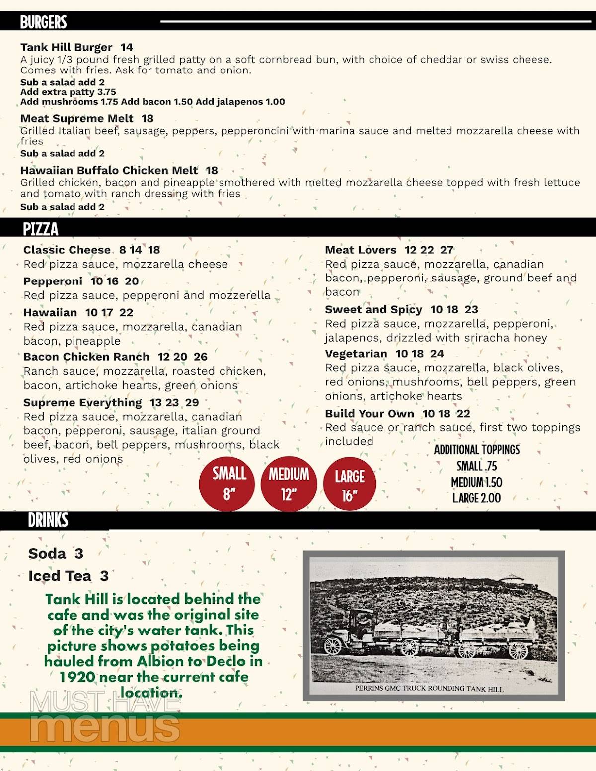 Menu at Tank Hill Pizza Cafe, Albion