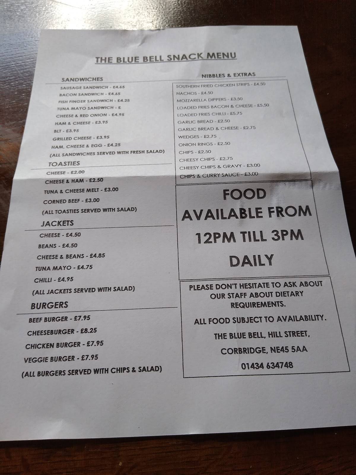 Menu at The Blue Bell pub & bar, Corbridge