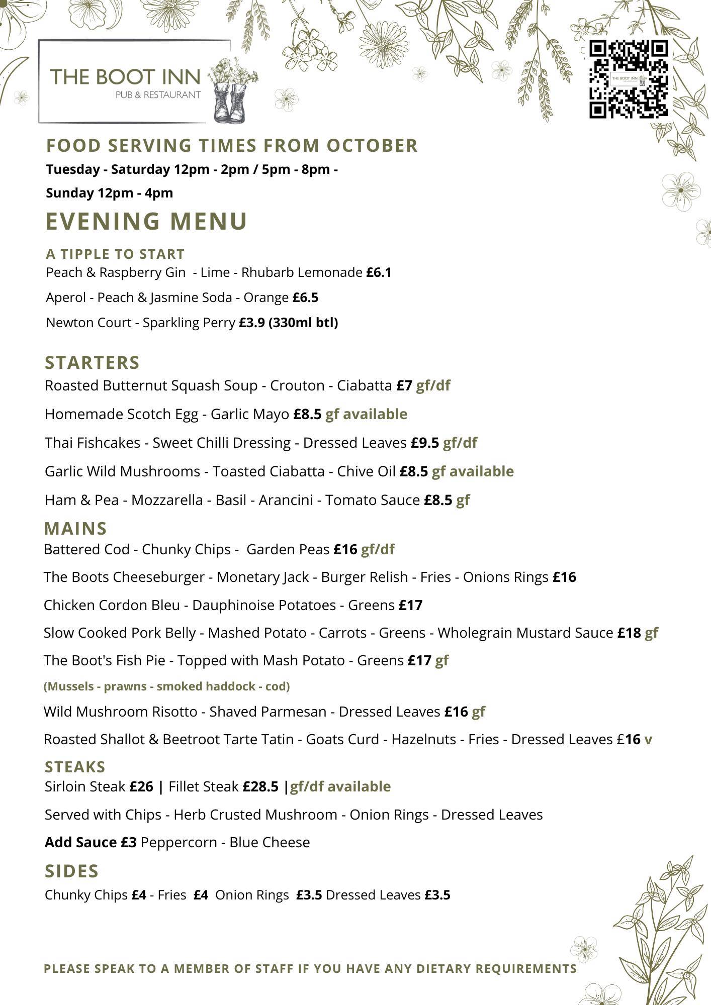 Menu at The Boot Inn pub & bar, Orleton