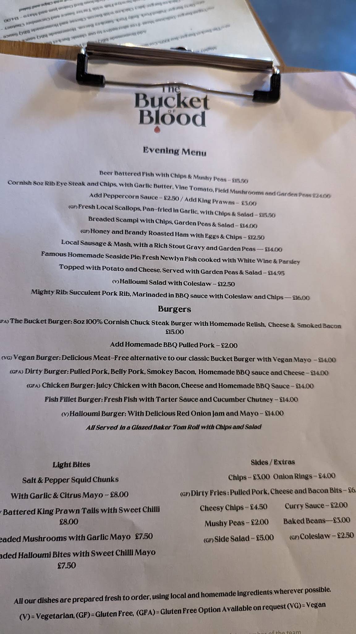 Menu at The Bucket of Blood pub & bar, Hayle