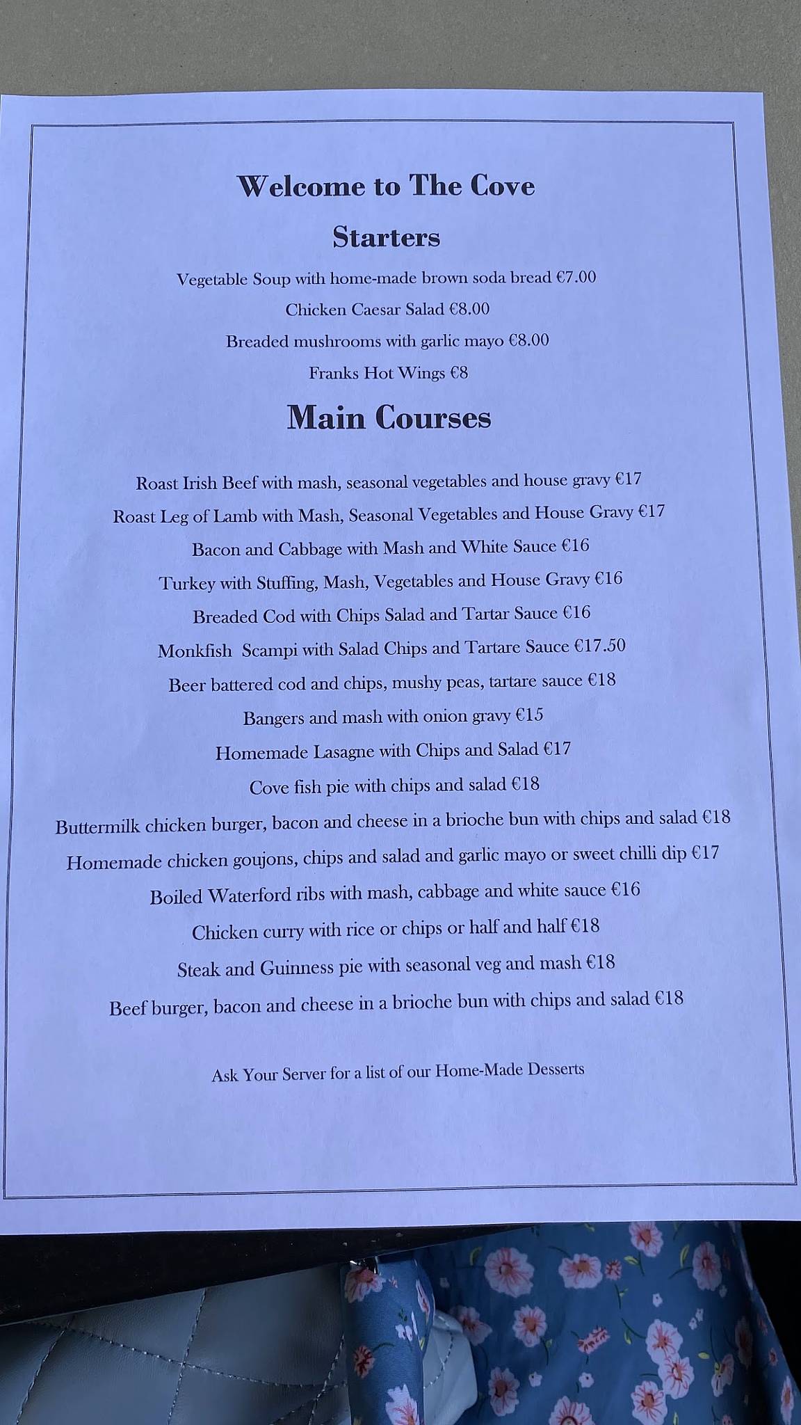 Menu at The Cove Bar, Waterford