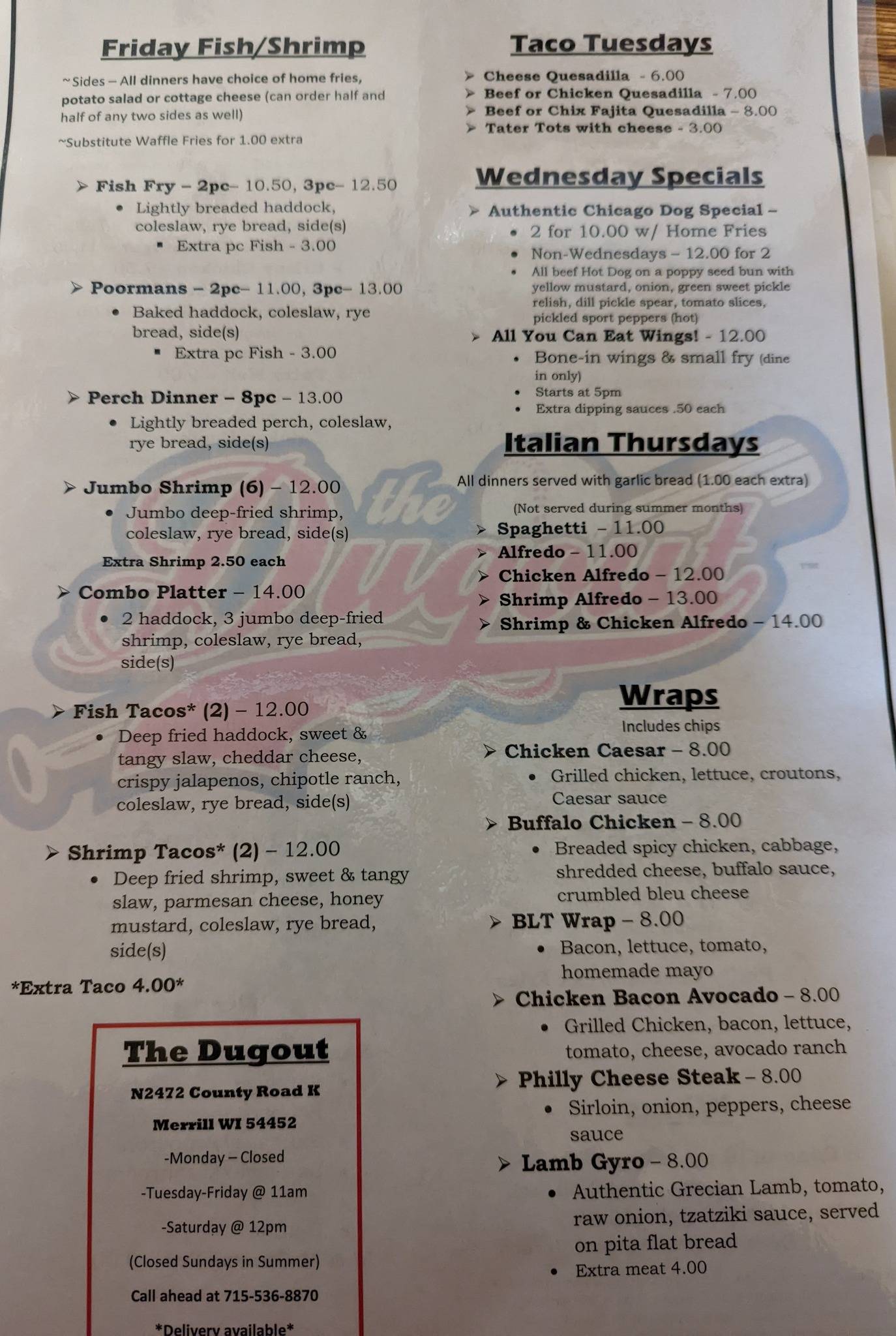 Menu at The Dugout pub & bar, Merrill
