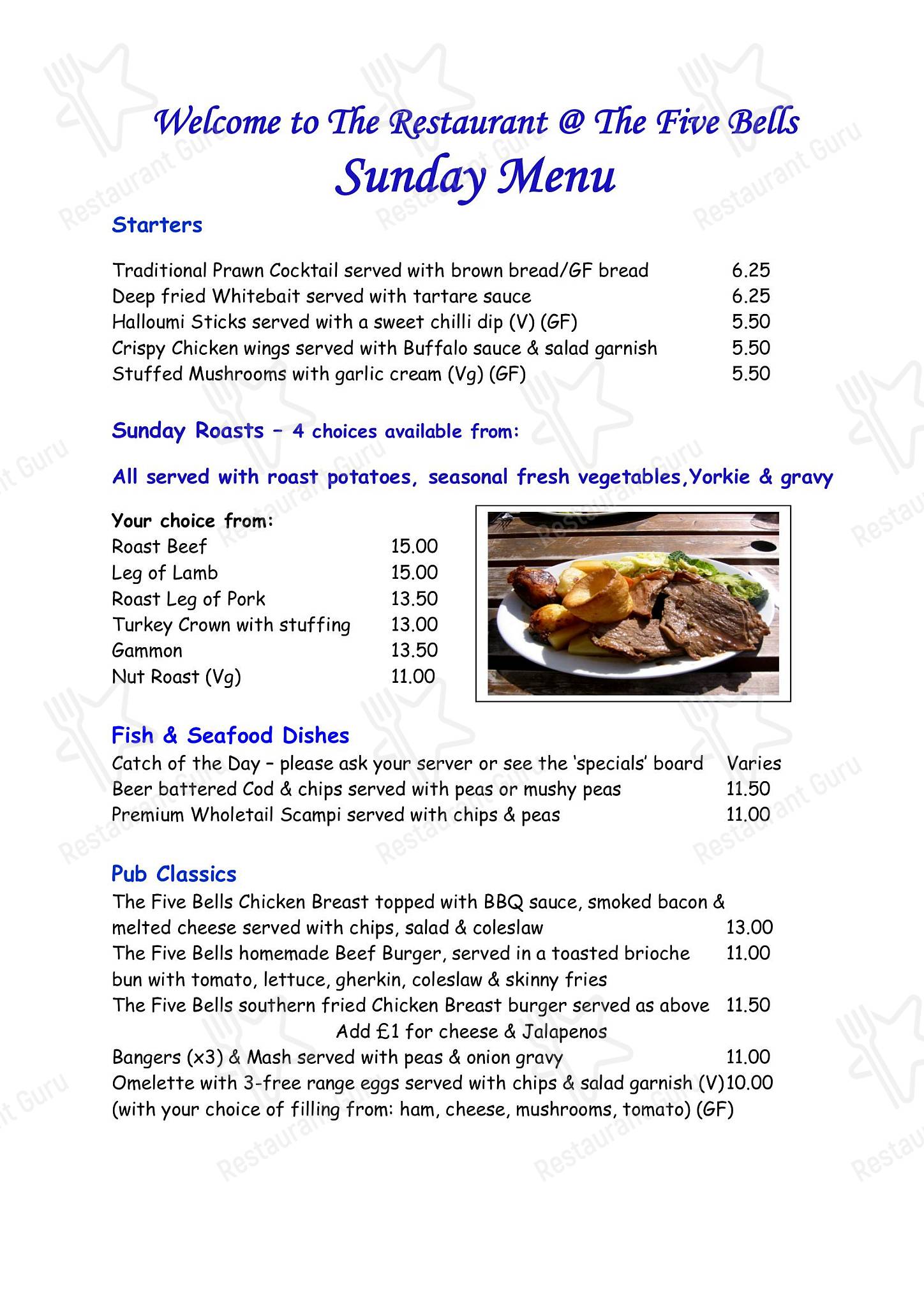 Menu at The Five Bells pub & bar, Orpington, Church Rd