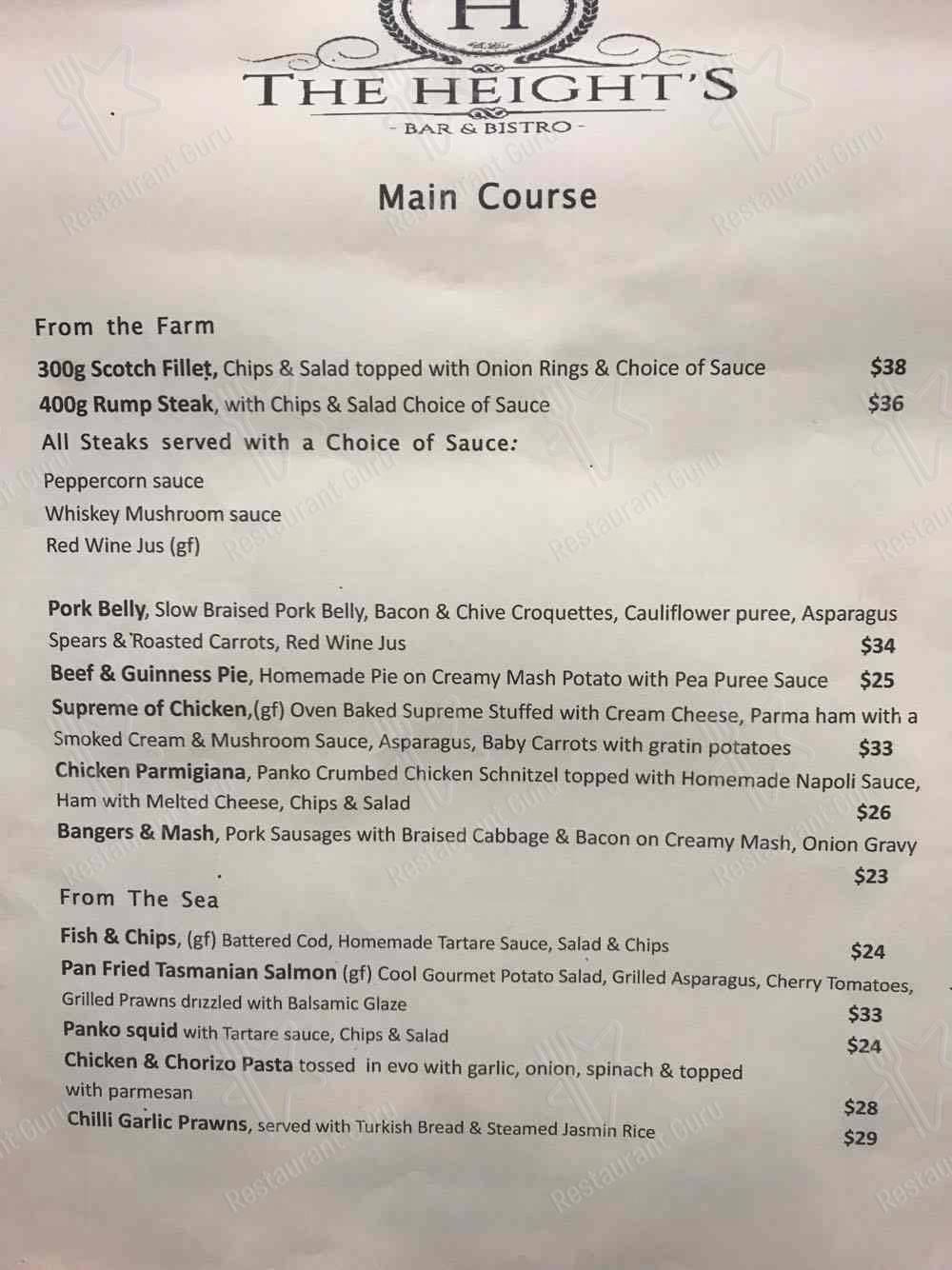 Menu at The Heights Bar & Bistro, Alexander Heights