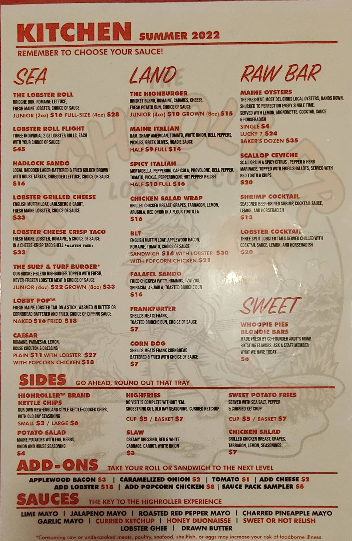 Menu at The Highroller Lobster Co. pub & bar, Portland