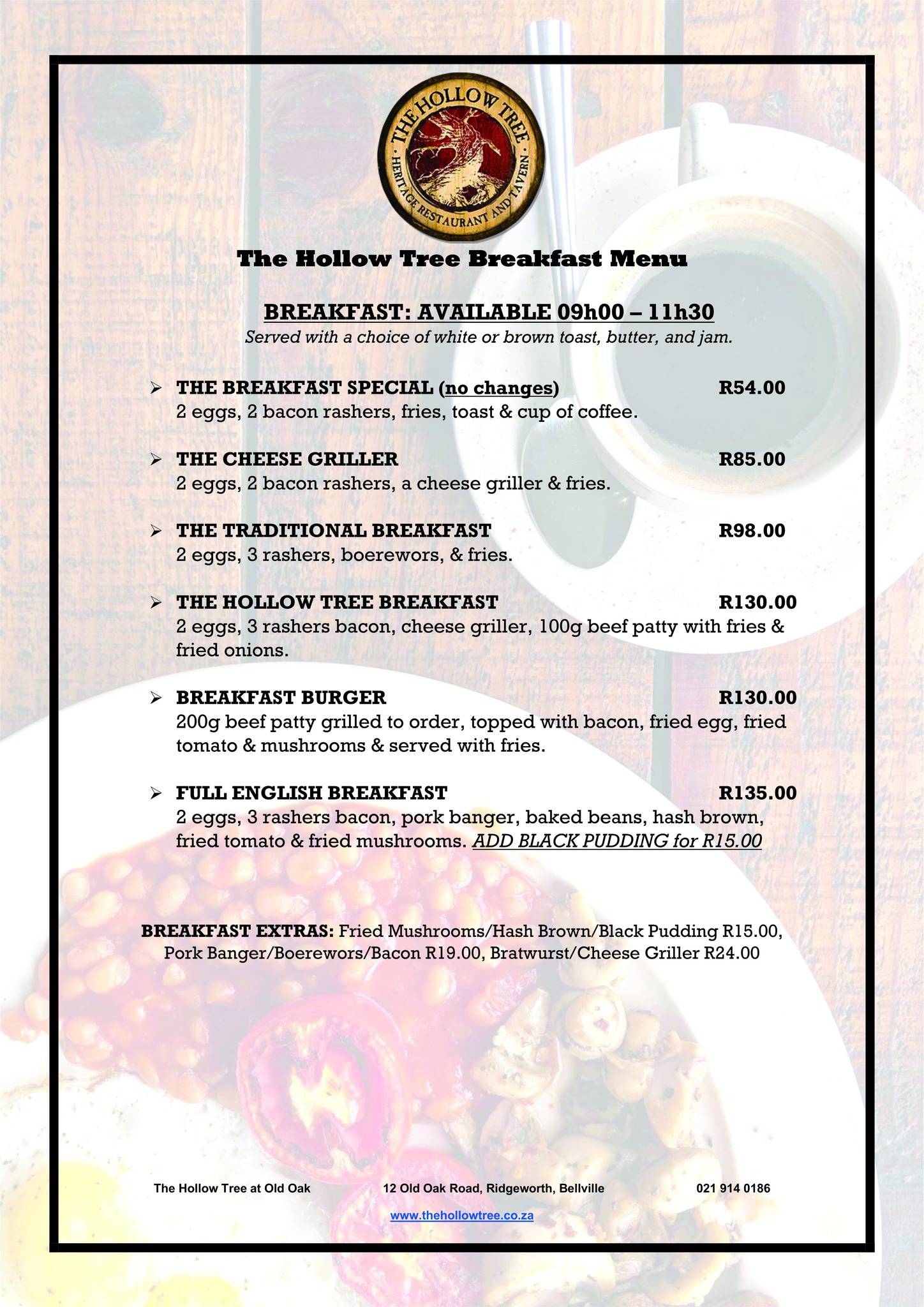 Menu at The Hollow Tree at Old Oak restaurant, Cape Town, 12 Old Oak Rd