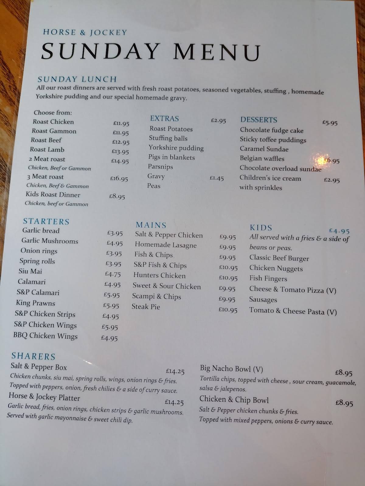 Menu at The Horse & Jockey Pub Melling, Liverpool