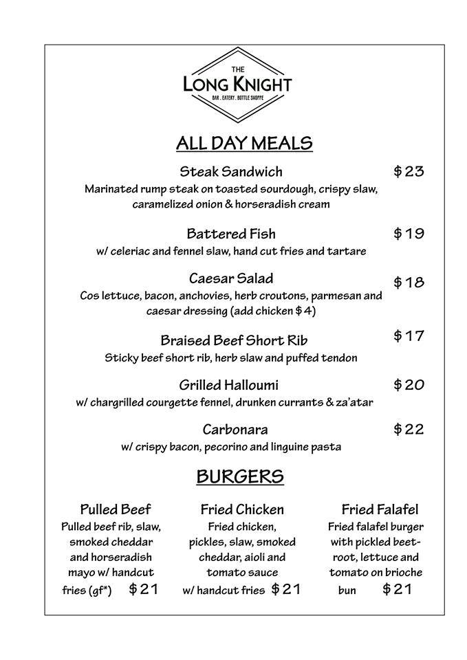 Menu at The Long Knight - Bar. Eatery. Bottle Shoppe, Christchurch
