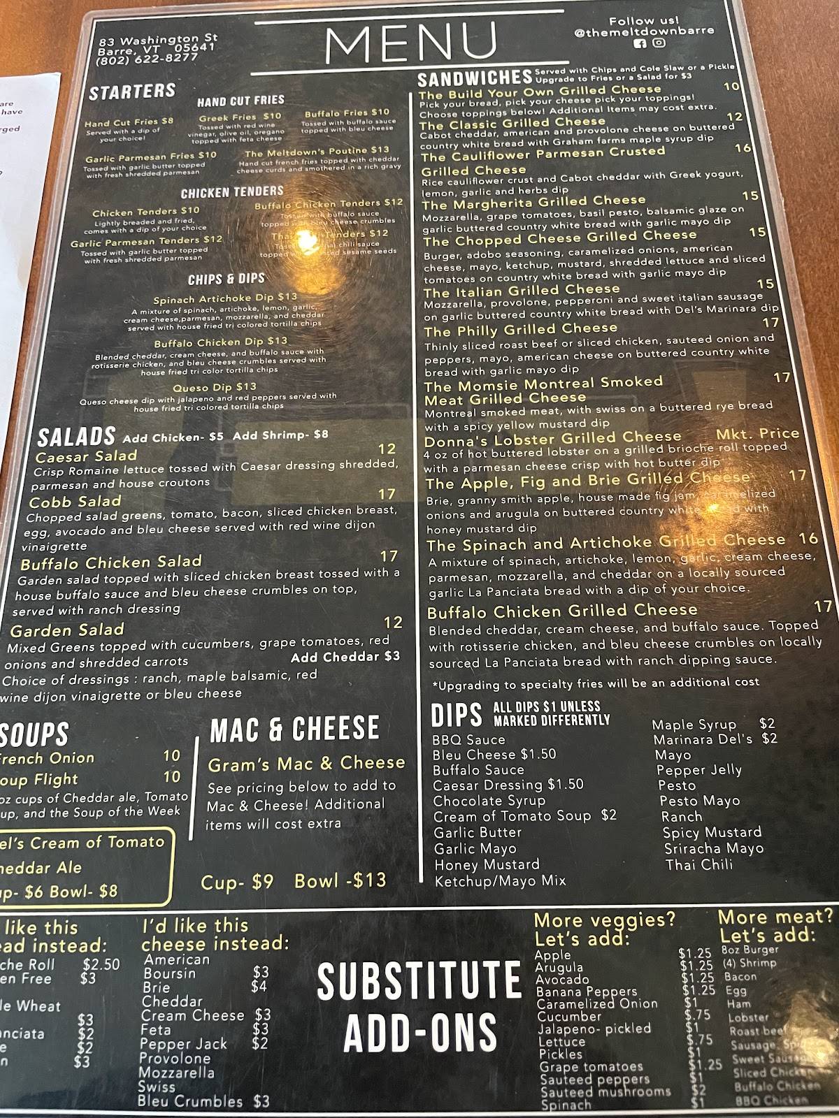 Menu at The Meltdown Grilled Cheese and Tap Room pub & bar, Barre