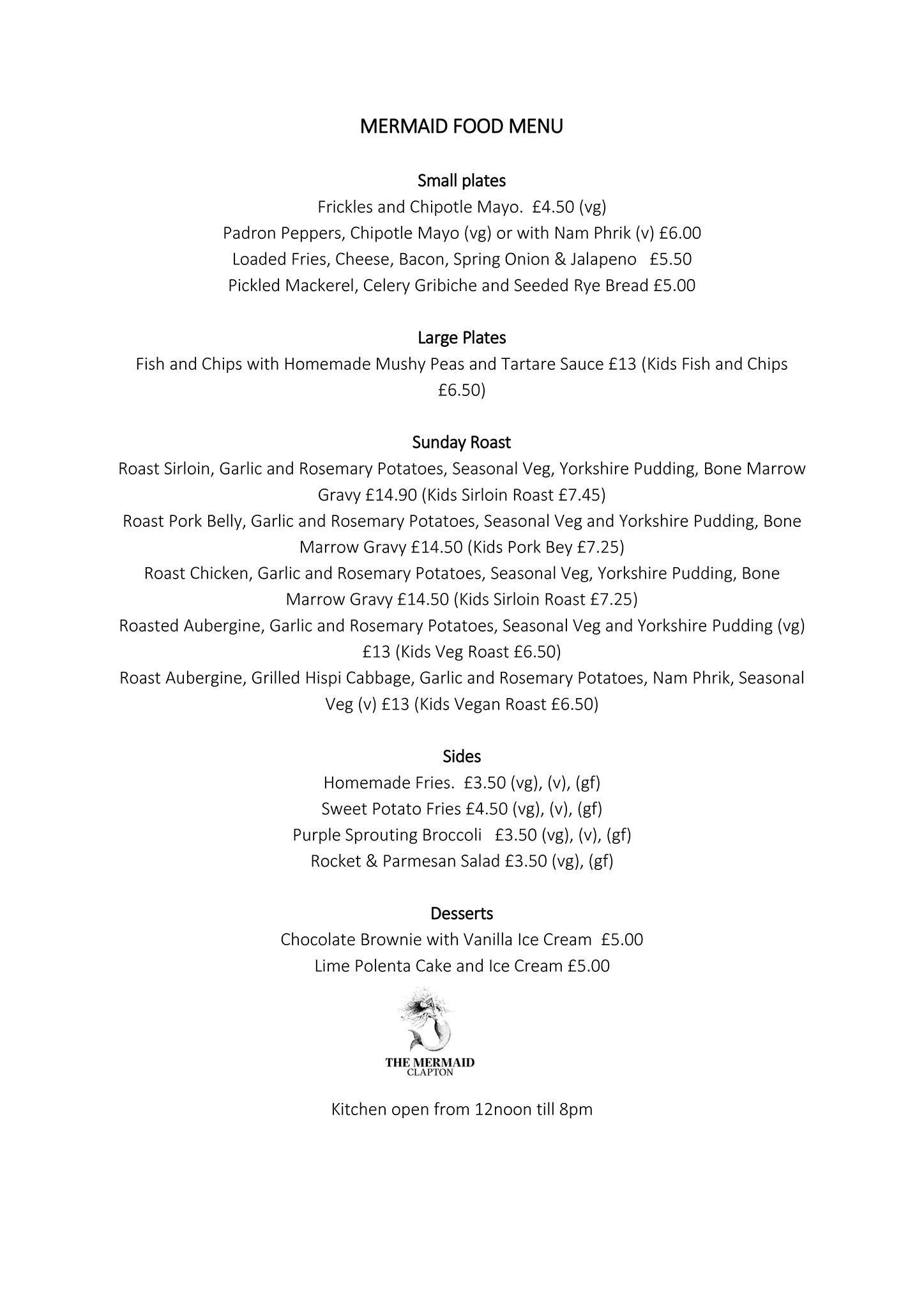 Menu at The Mermaid pub & bar, London