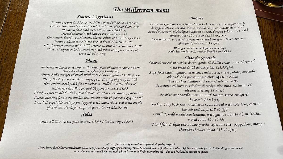 Menu at The Millstream pub & bar, Hertford