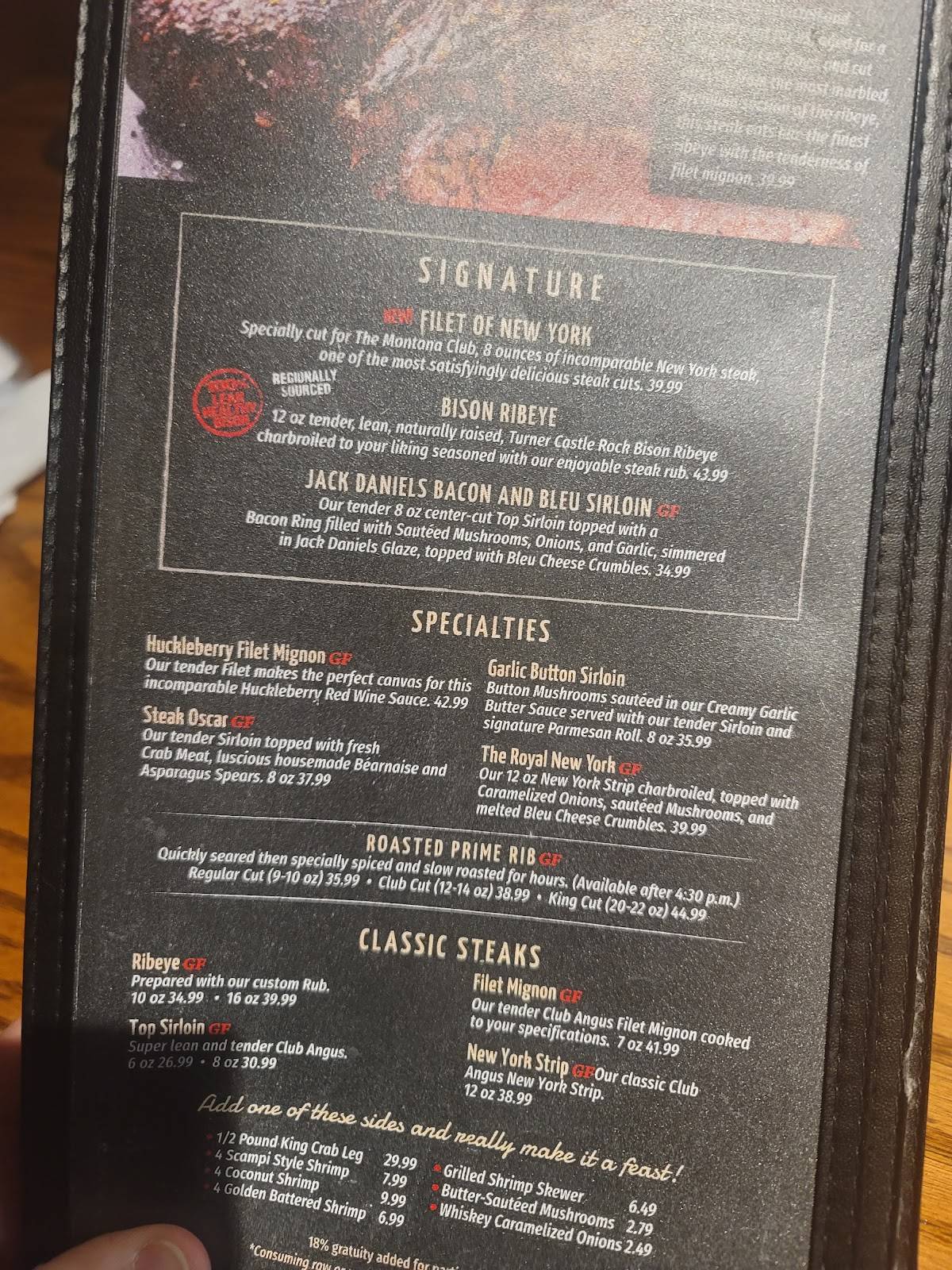 Menu at The Montana Club Restaurant, Great Falls