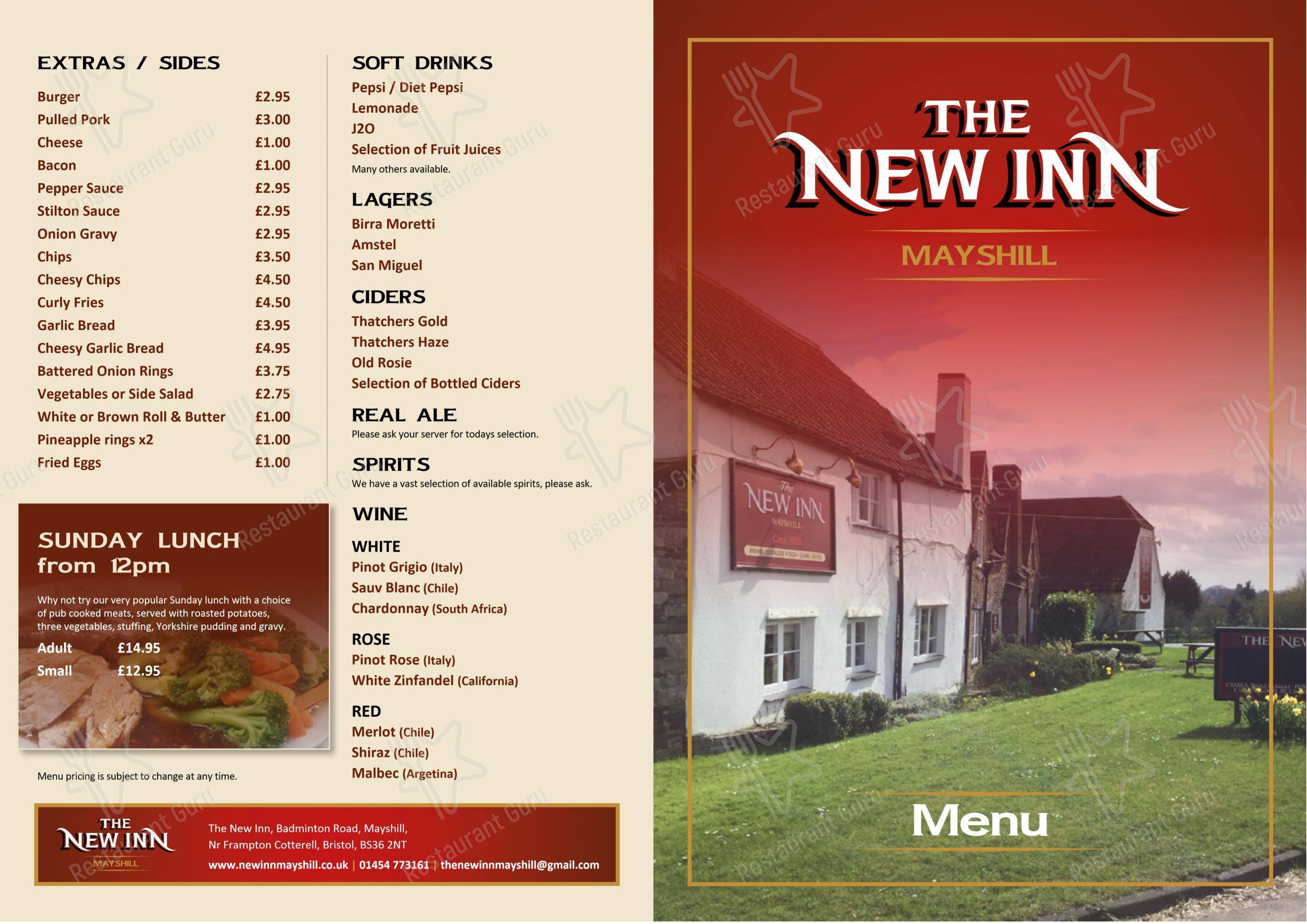 Menu at The New Inn, Mayshill pub & bar, Bristol, Badminton Rd