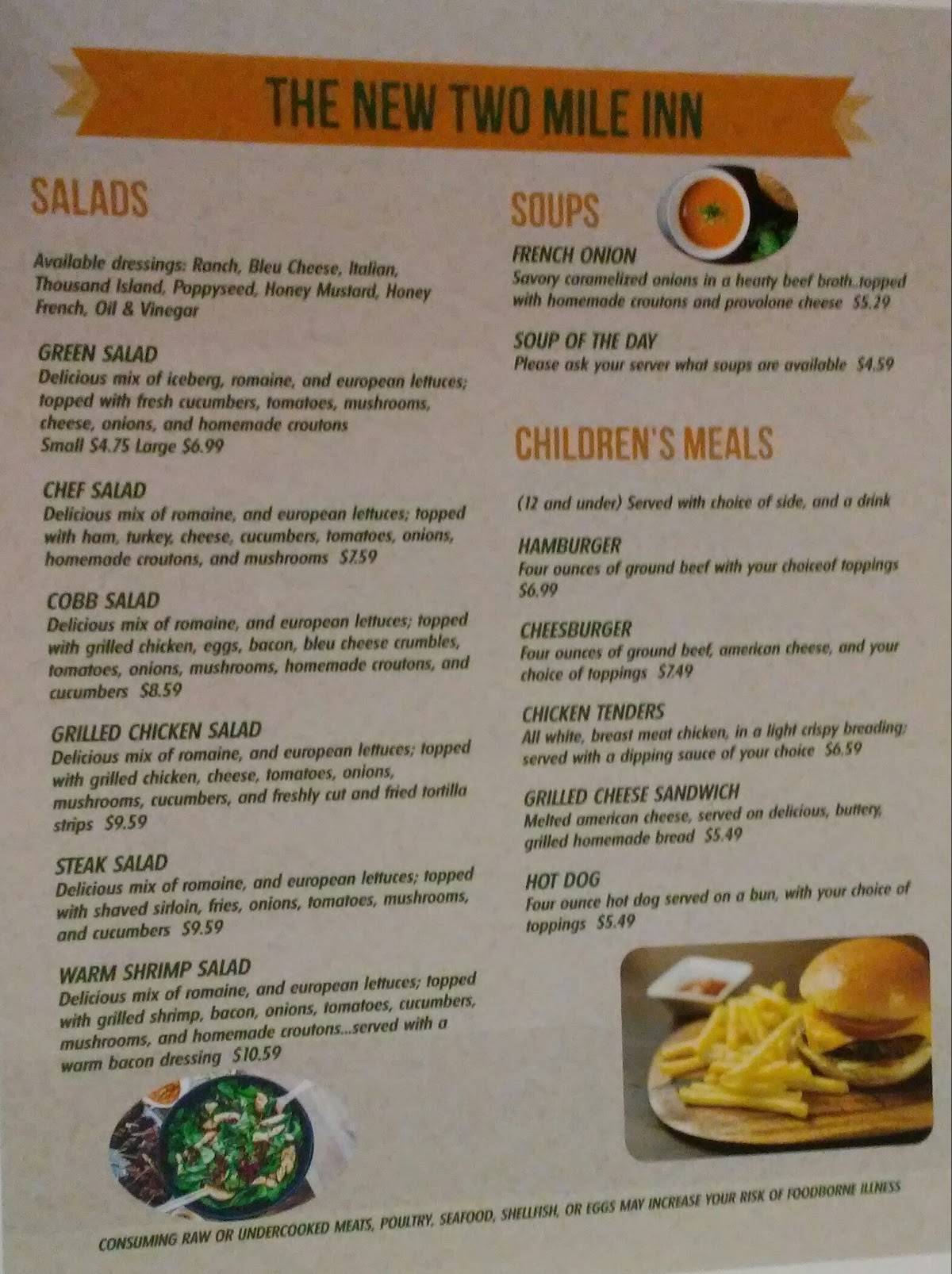 Menu at The New Two Mile Inn pub & bar, Port Allegany