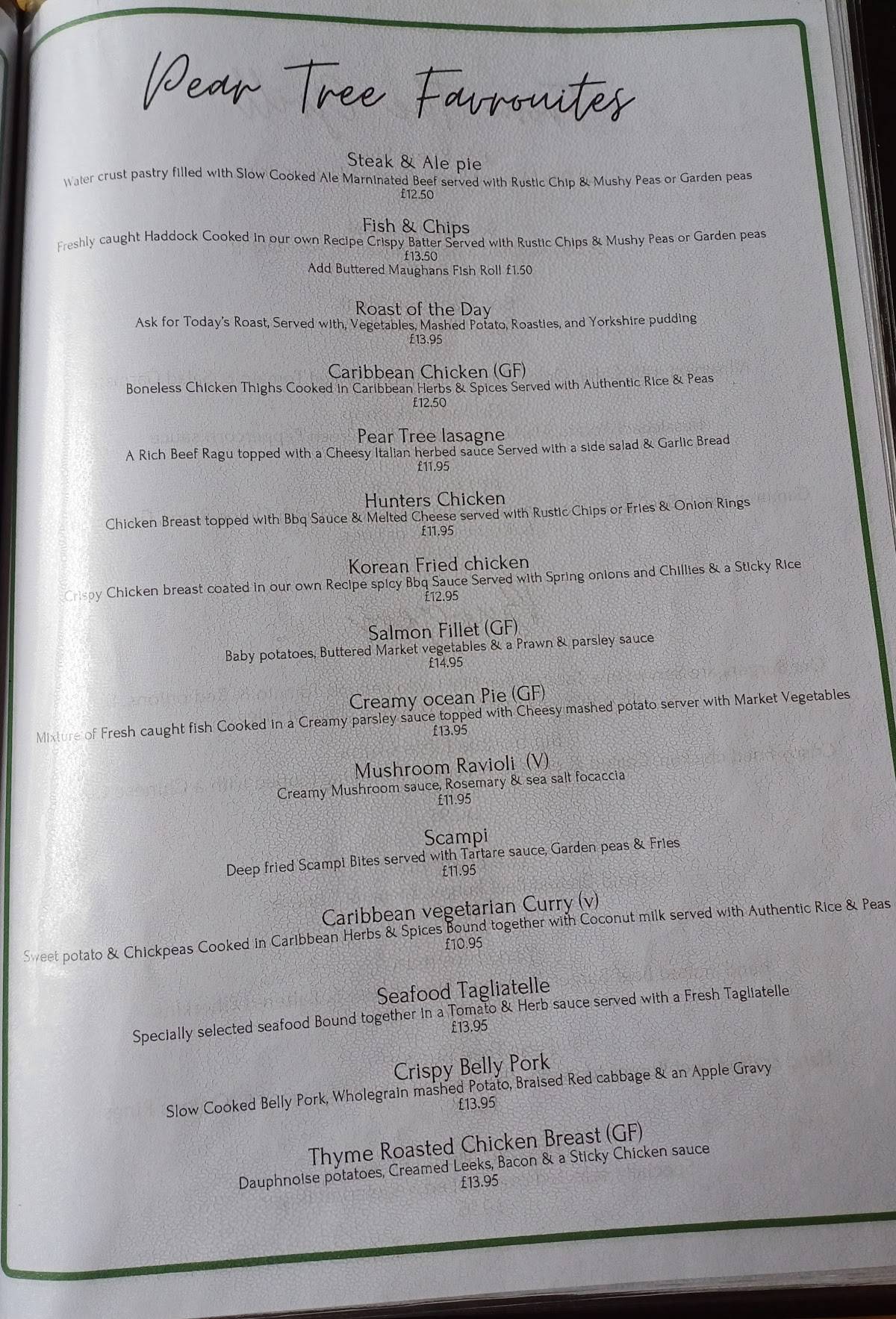 Menu at The Pear Tree Inn pub & bar, Mirfield