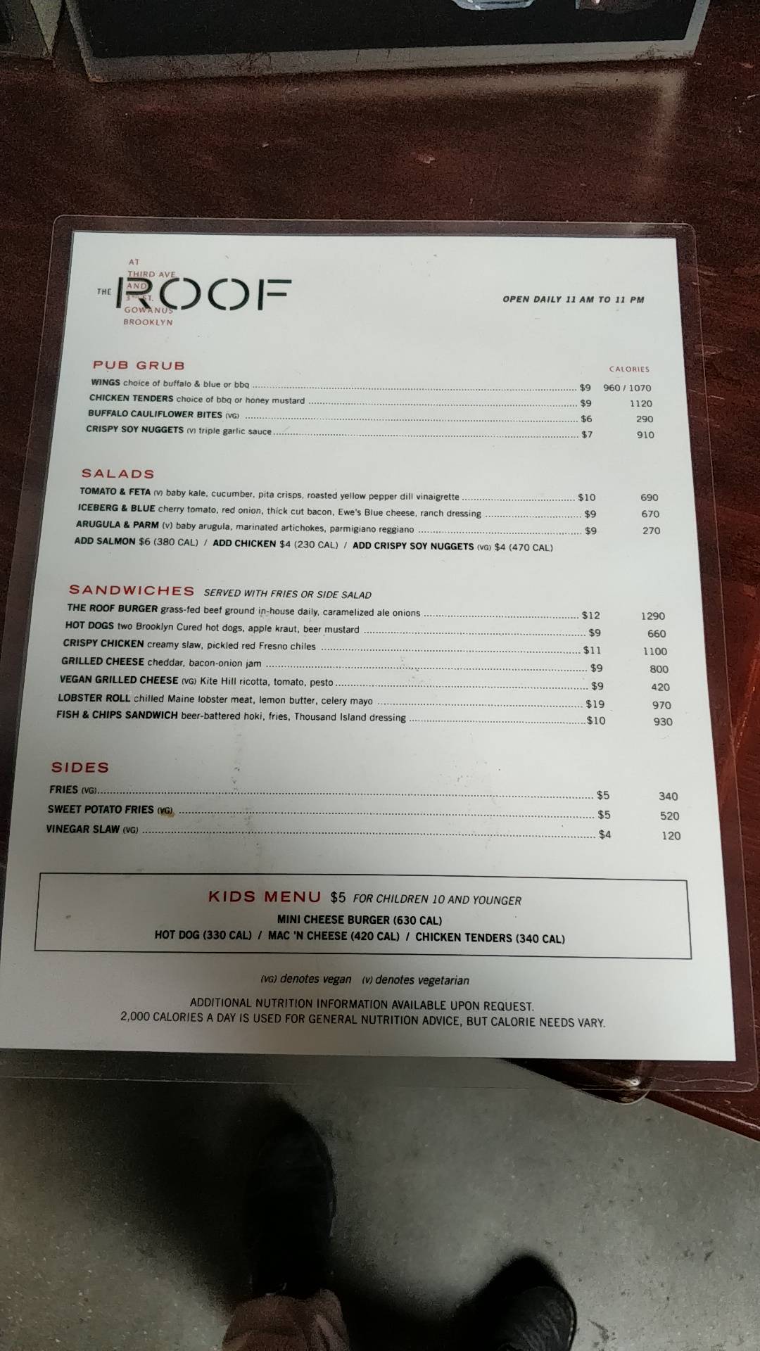 Menu at The Roof pub & bar, New York City, 214 3rd St