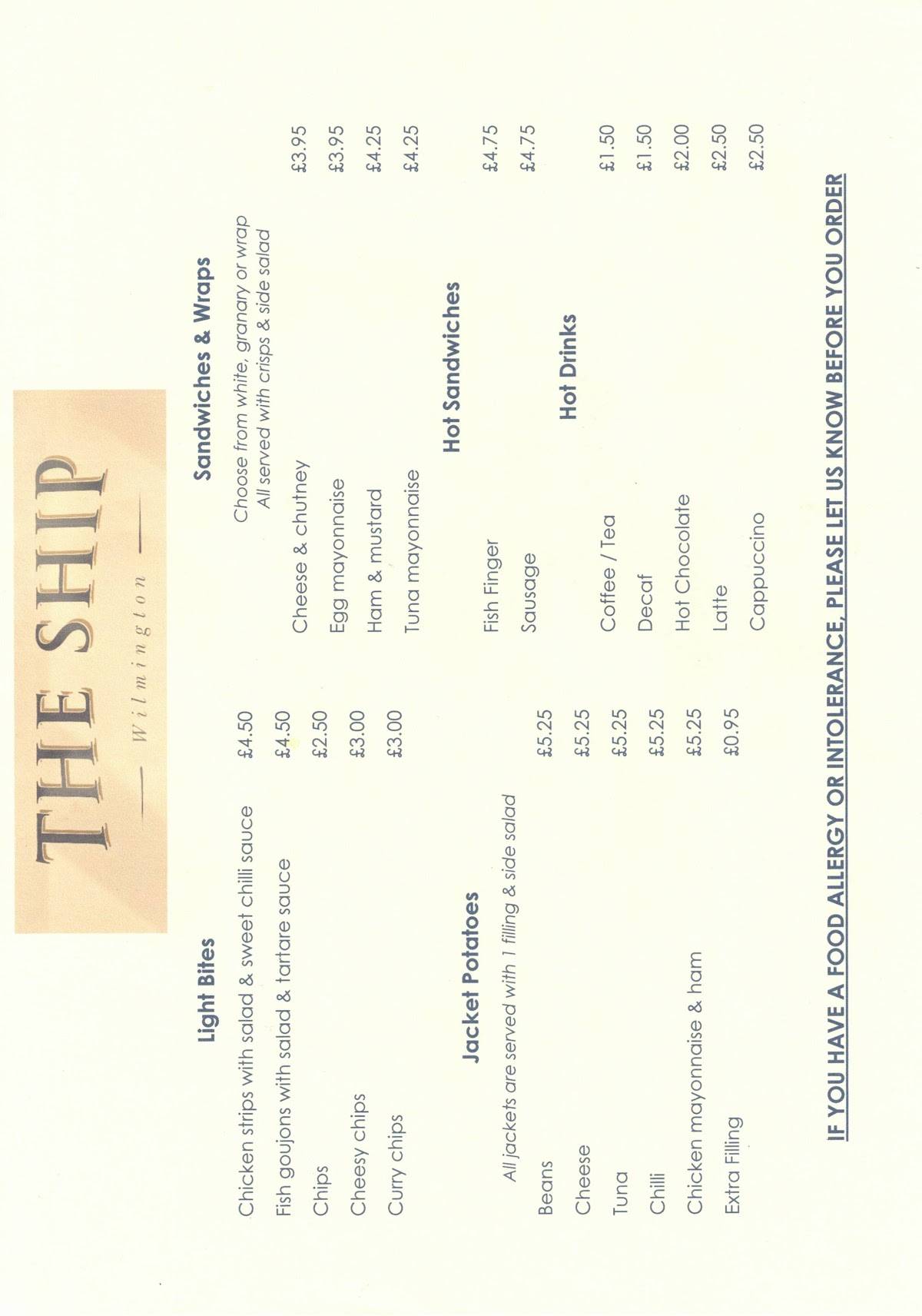 Menu at The Ship, Wilmington pub & bar, Dartford, Puddledock Ln