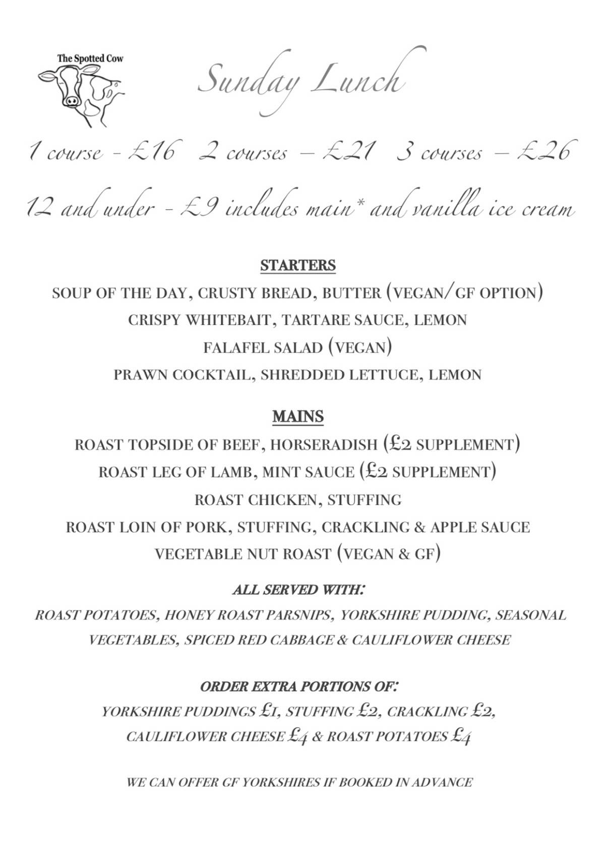 Menu at The Spotted Cow pub & bar, Chichester