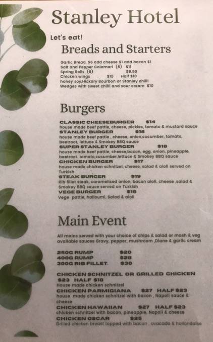 Menu at The Stanley Hotel Kilcoy pub & bar, Kilcoy