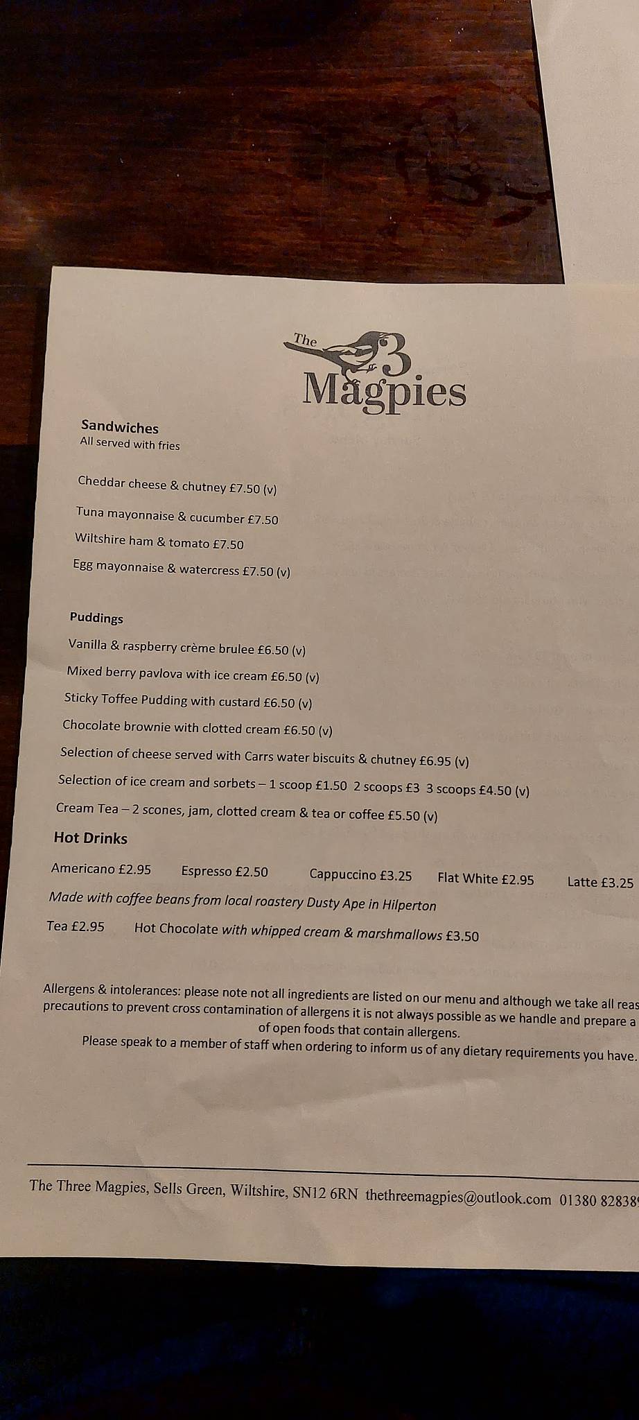 Menu at The Three Magpies pub & bar, Melksham Without