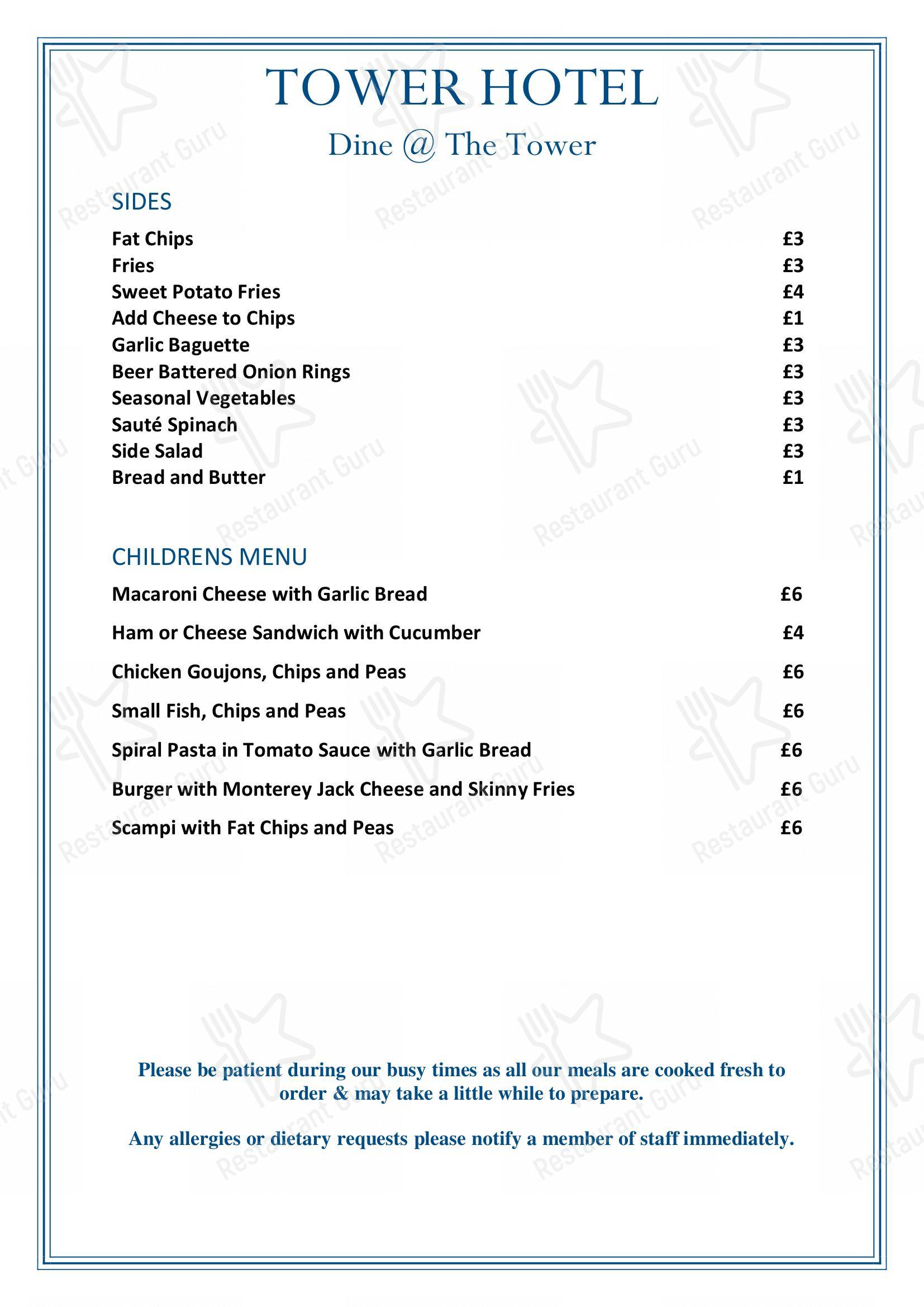 Menu at The Tower Hotel restaurant, Harwich