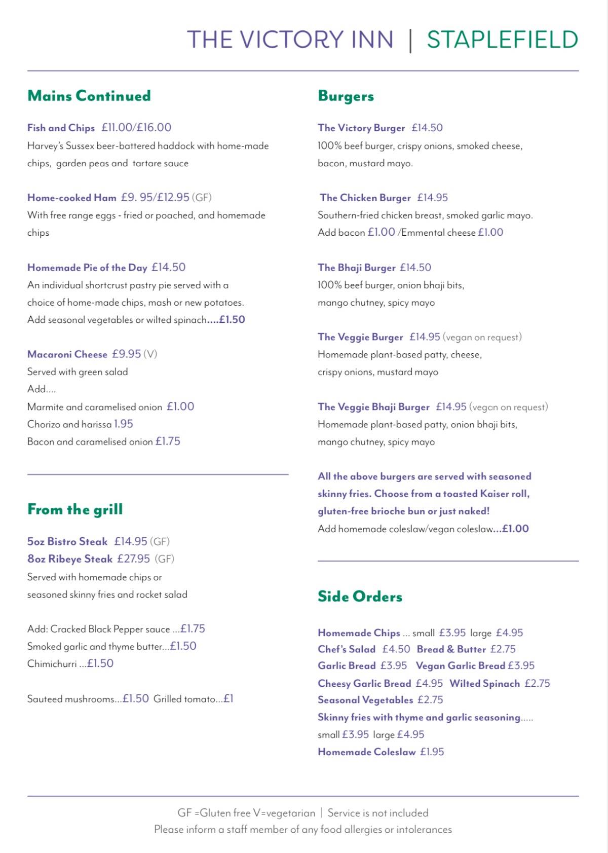 Menu at The Victory Inn pub & bar, Handcross, Warninglid Road