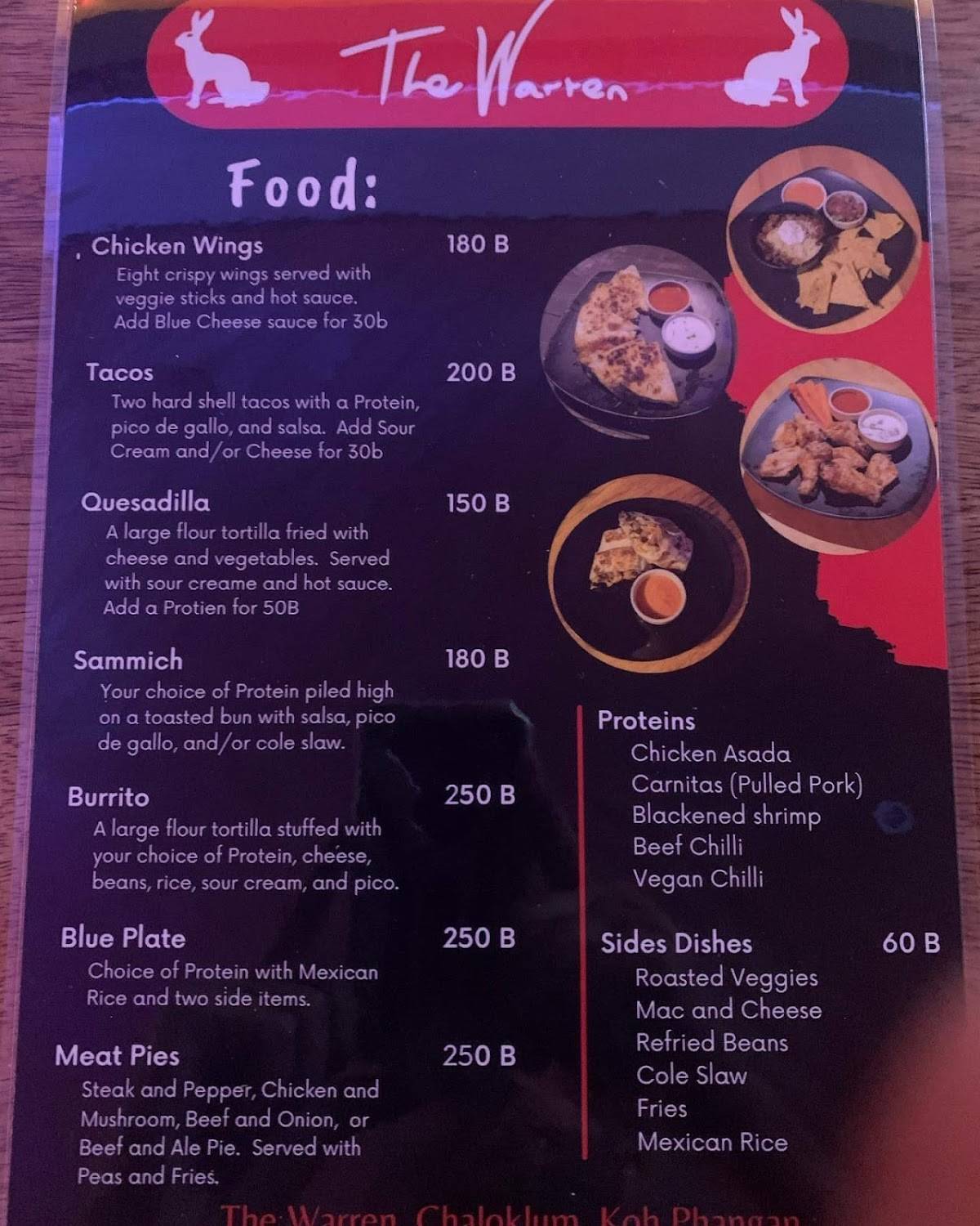 Menu at The Warren Beach Bar, Ko Pha-ngan