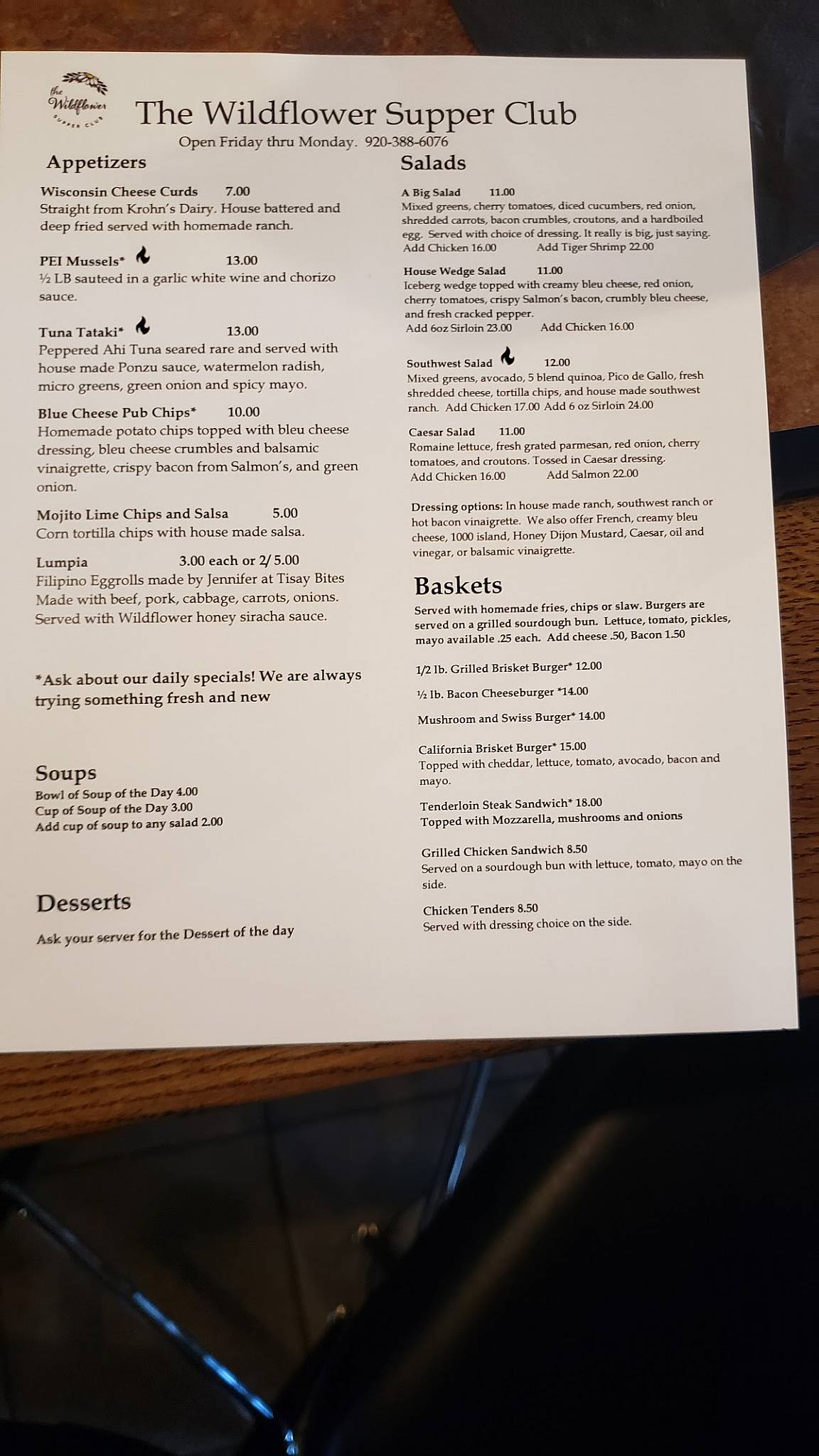 Menu at The Wildflower Supper Club, Kewaunee