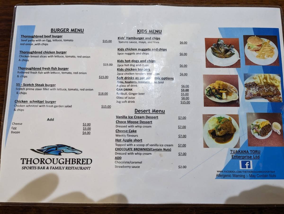 Menu at Thoroughbred Sports Bar, Takanini