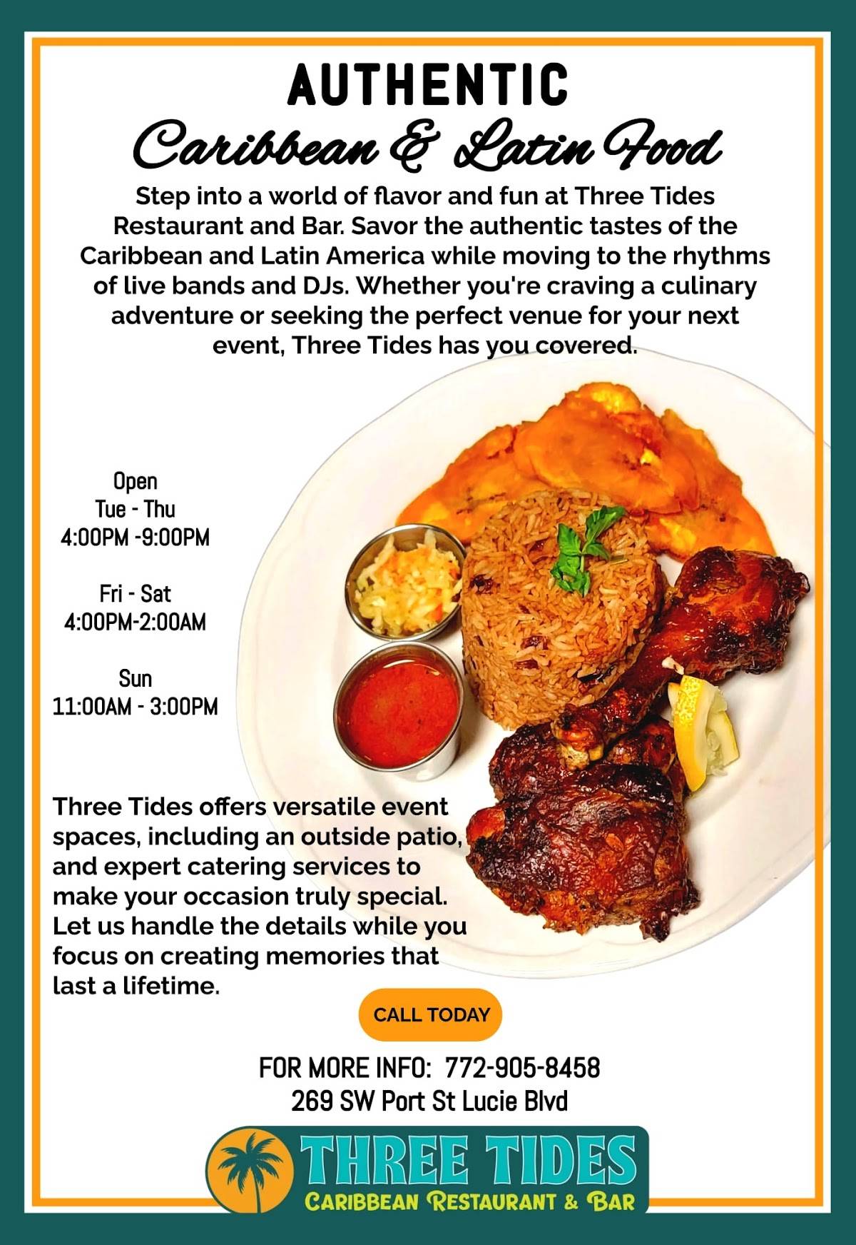 Menu at Three Tides Caribbean Restaurant & Bar, Port St. Lucie