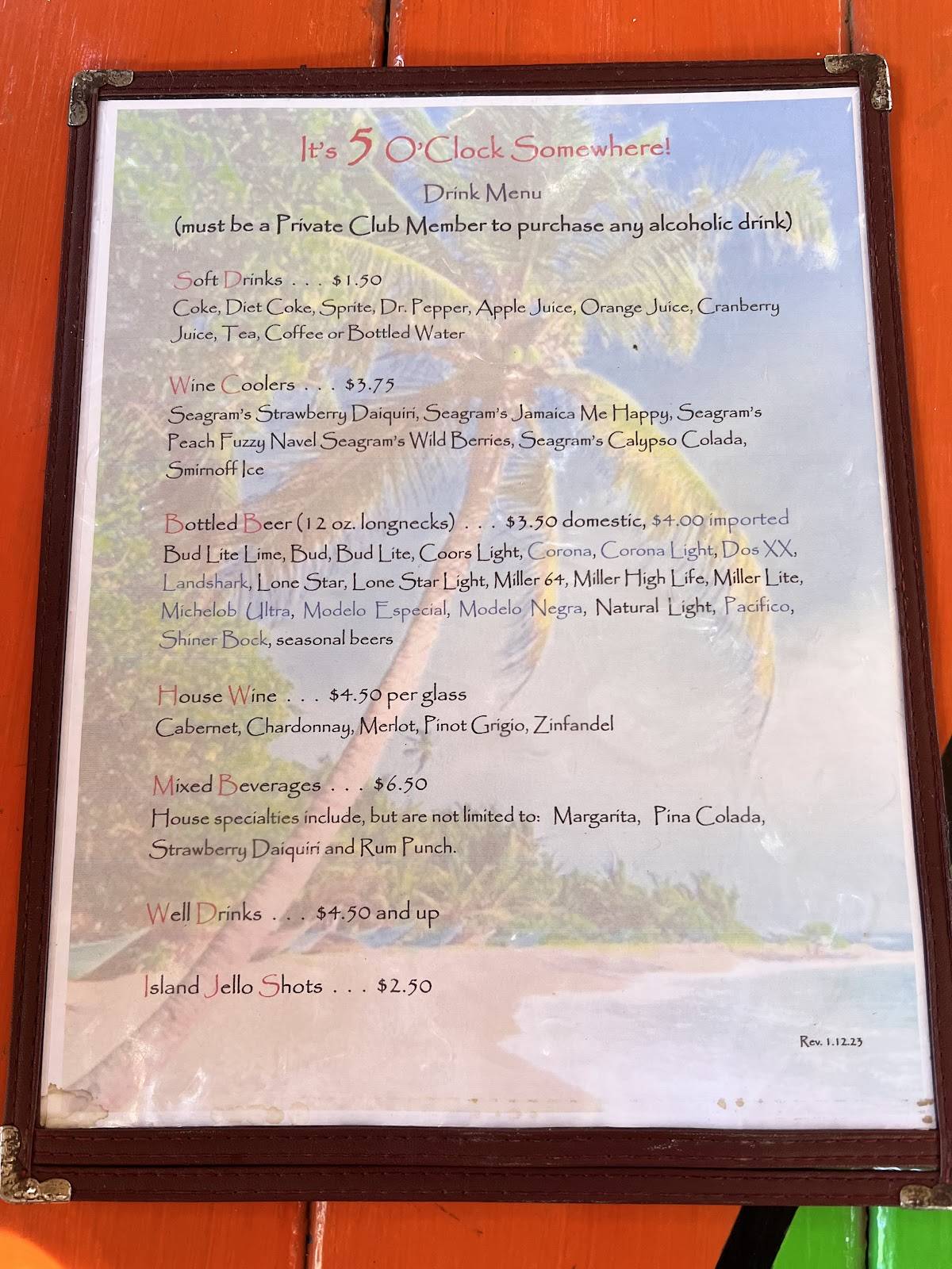 Menu at Toucan Jim's pub & bar, Center Point