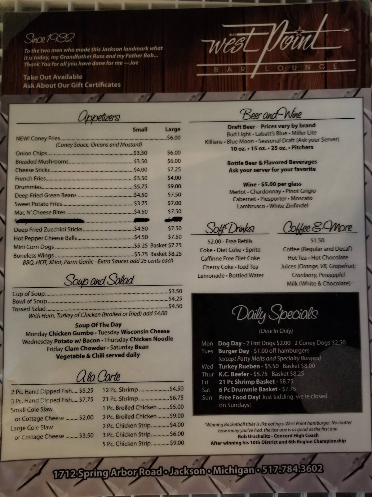 Menu at West Point Lounge pub & bar, Jackson