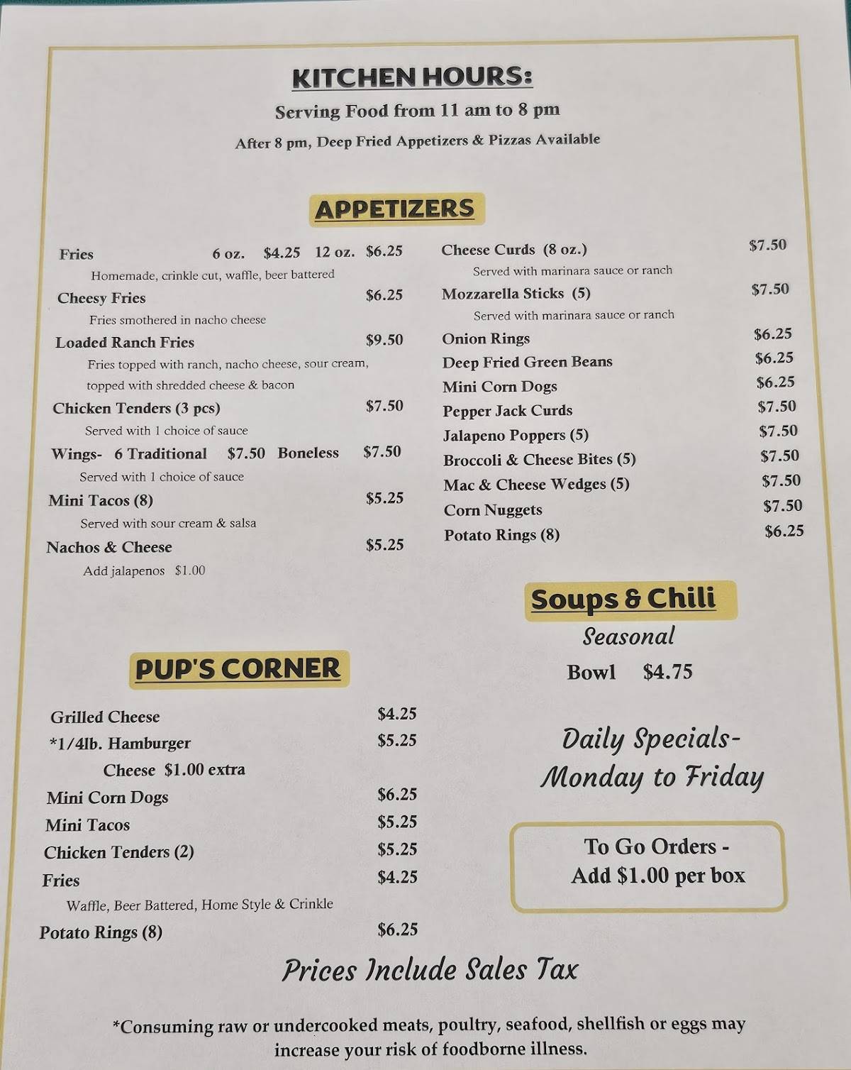 Menu at Wolves Den Bar & Grill, Manawa