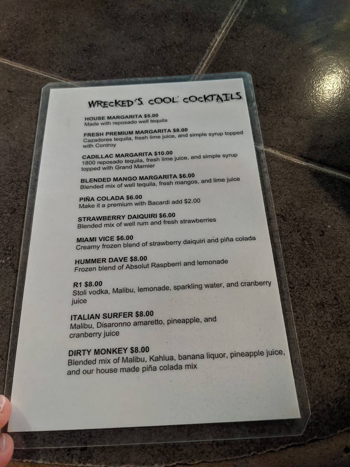 Menu at Wrecked at the Reef pub & bar, Puerto Peñasco