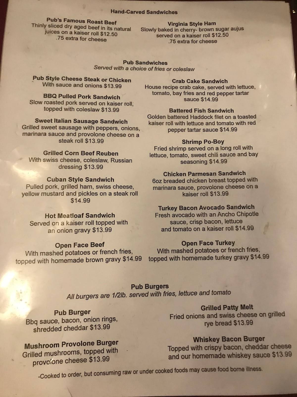 Menu at Ye Old Coventry Pub, Pottstown, S Hanover St