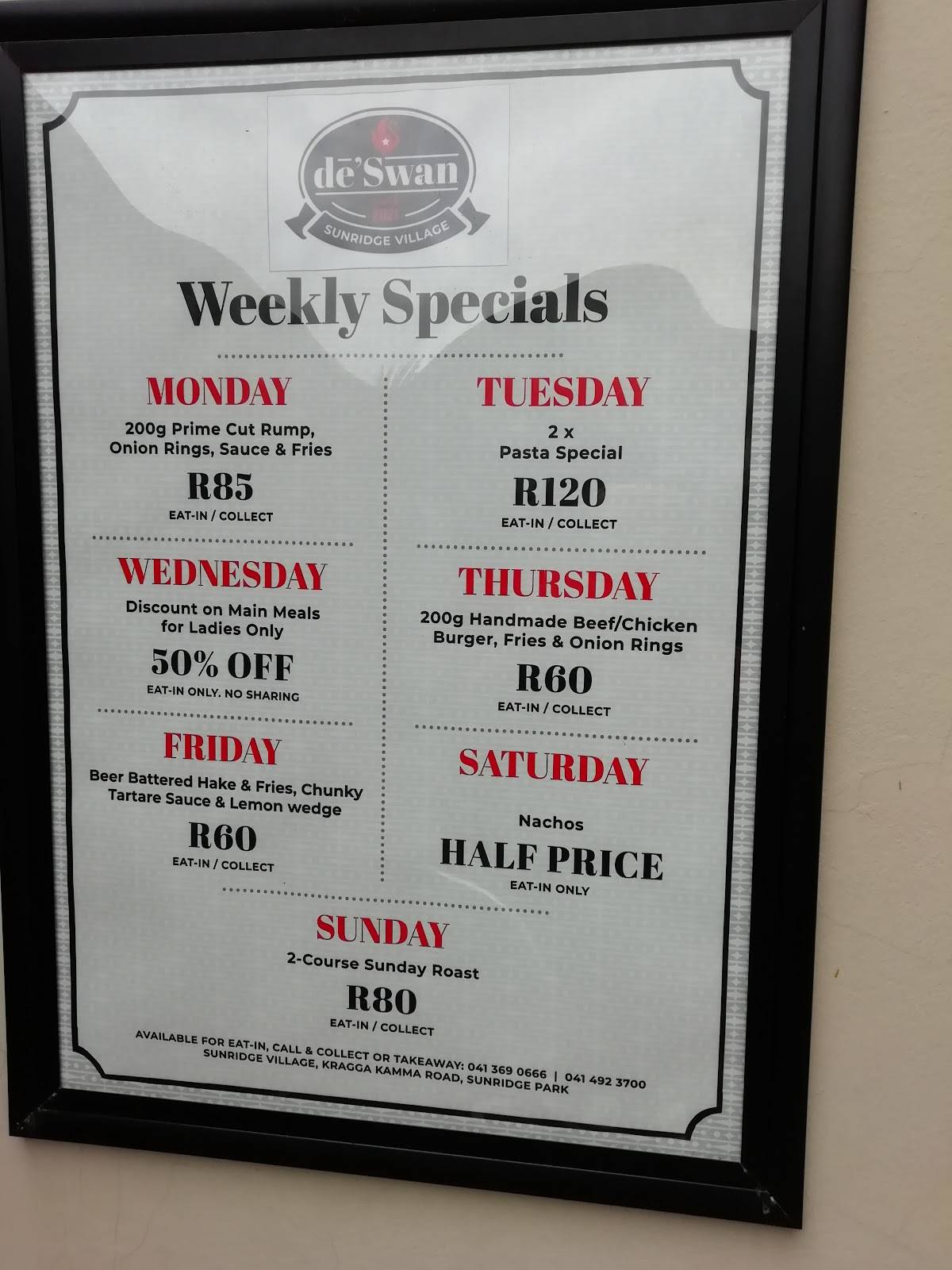 Menu at de'Swan Sunridge pub & bar, Port Elizabeth