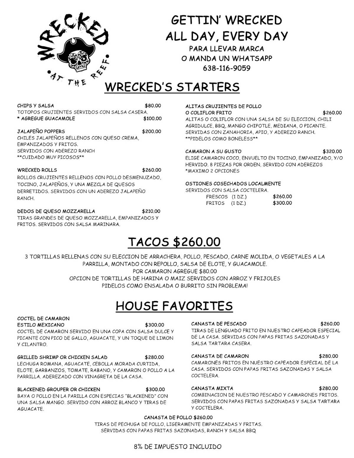 Menu at Wrecked at the Reef pub & bar, Puerto Peñasco