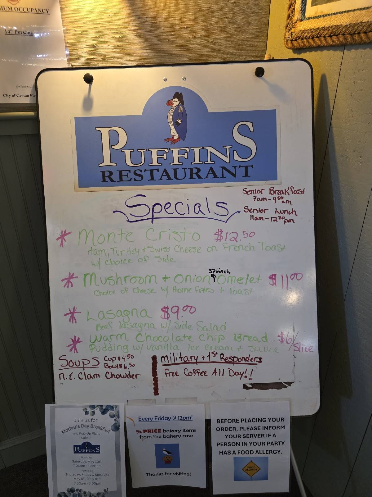 Menu at Puffins Restaurant, Groton