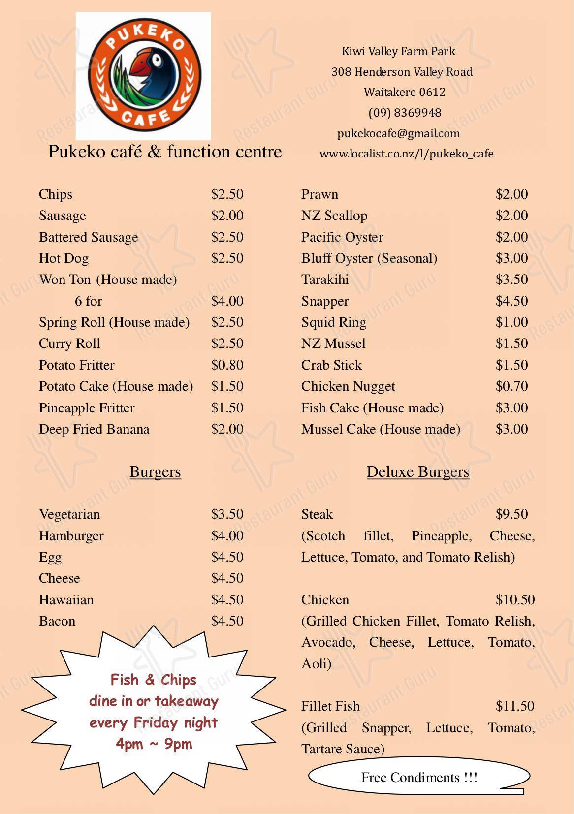 Menu at Pukeko Cafe & Function Centre, Auckland, 308 Henderson Valley Rd